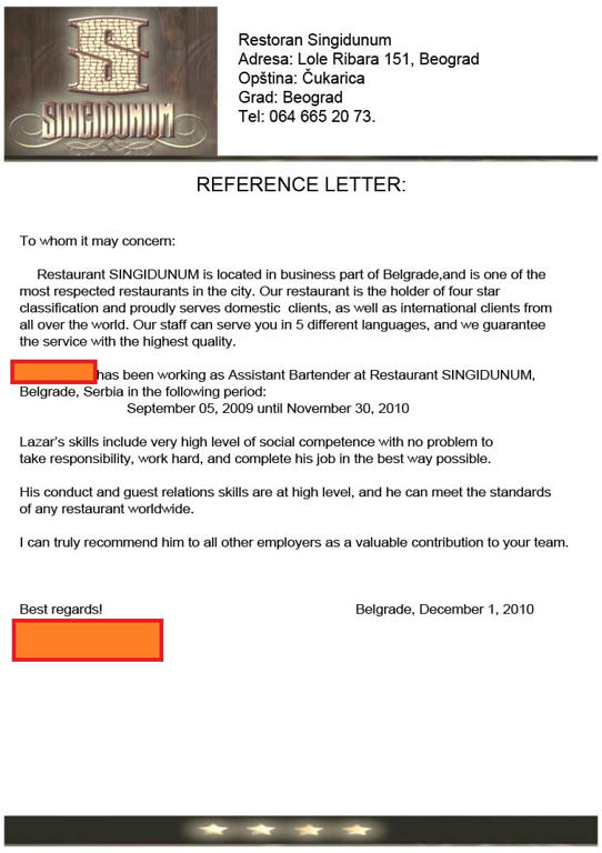 primer preporuke na engleskom za posao bartendera?