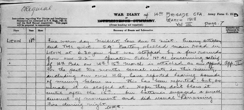 11 March 1918 - 61st Field Battery, 14th Brigade, C.F.A. - The Great ...